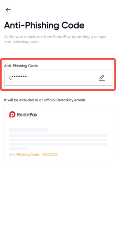 How to set up the Anti-Phishing Code – RedotPay Help Center